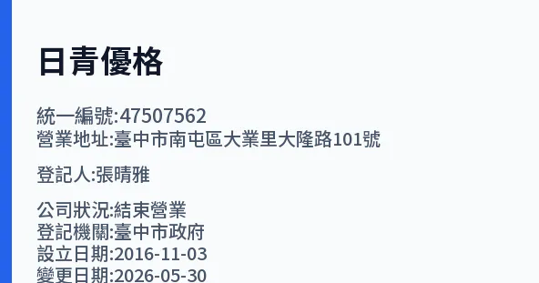 日青優格的照片-統編 47507562(臺中市) 公司登記資料與營業項目詳細圖表
