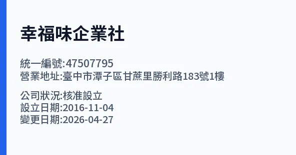 幸福味企業社的照片-統編 47507795(臺中市) 公司登記資料與營業項目詳細圖表