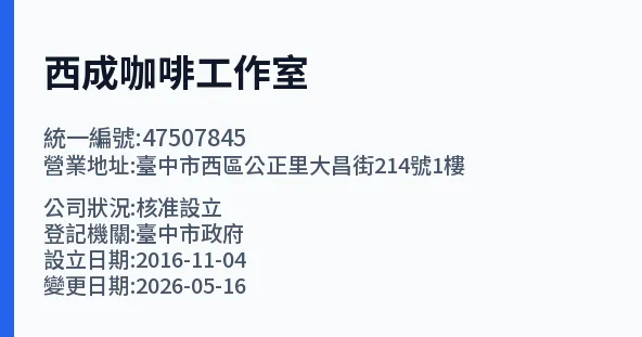 西成咖啡工作室的照片-統編 47507845(臺中市) 公司登記資料與營業項目詳細圖表