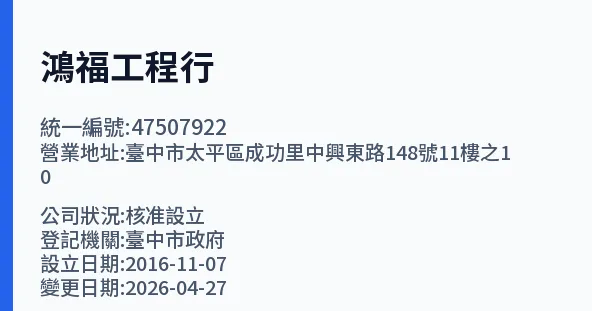 鴻福工程行的照片-統編 47507922(臺中市) 公司登記資料與營業項目詳細圖表