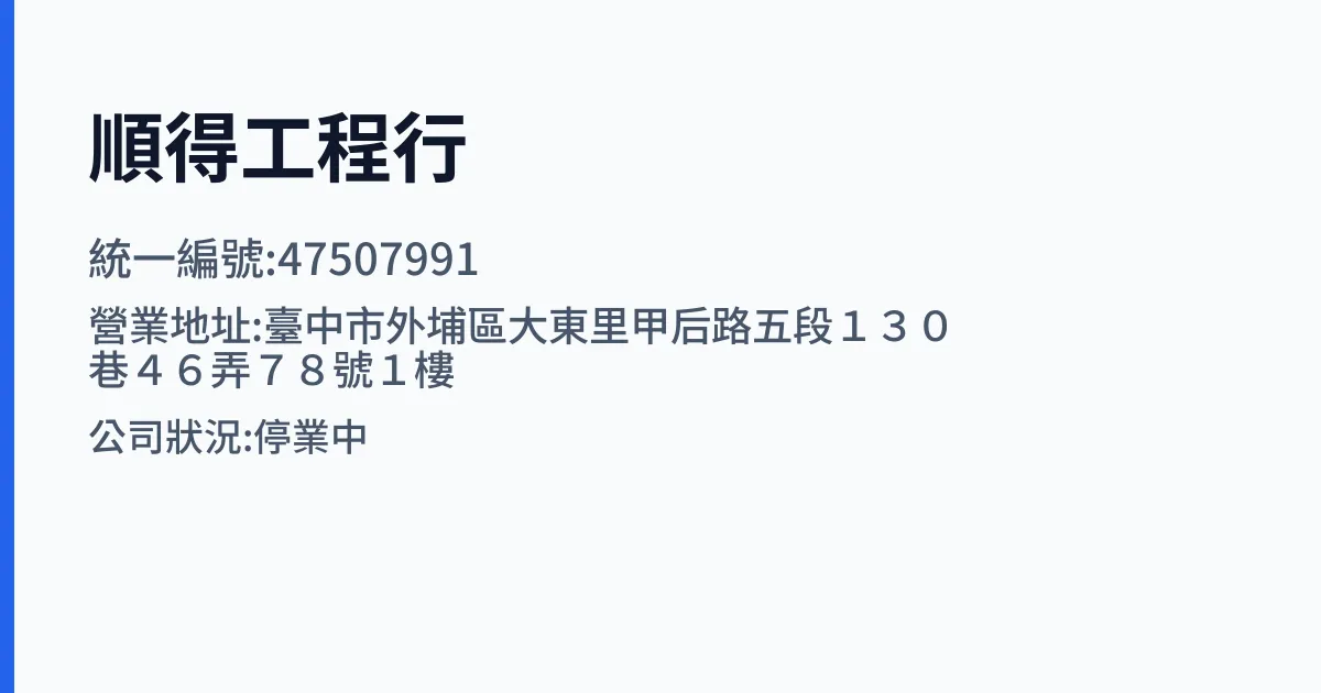 順得工程行 - 統編 47507991(臺中市) 公司登記資料與營業項目詳細圖表
