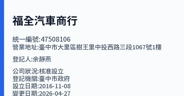福全汽車商行的照片-統編 47508106(臺中市) 公司登記資料與營業項目詳細圖表