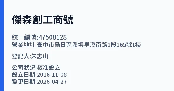 傑森創工商號的照片-統編 47508128(臺中市) 公司登記資料與營業項目詳細圖表