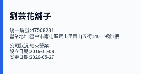 劉芸花舖子的照片-統編 47508231(臺中市) 公司登記資料與營業項目詳細圖表