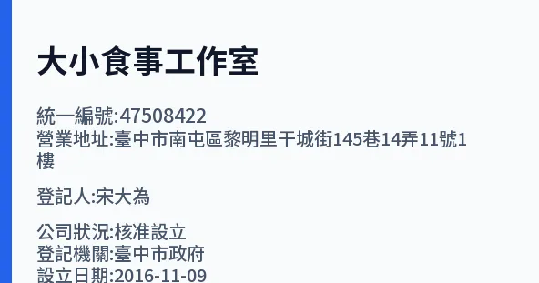 大小食事工作室的照片-統編 47508422(臺中市) 公司登記資料與營業項目詳細圖表