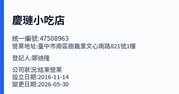 慶璉小吃店的照片-統編 47508963(臺中市) 公司登記資料與營業項目詳細圖表