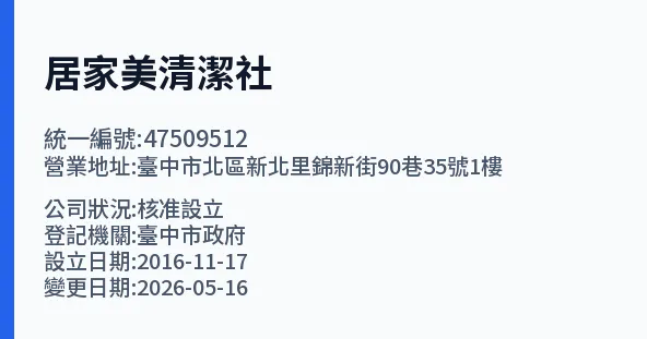 居家美清潔社的照片-統編 47509512(臺中市) 公司登記資料與營業項目詳細圖表