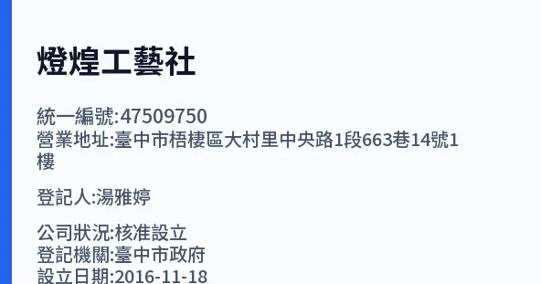 燈煌工藝社的照片-統編 47509750(臺中市) 公司登記資料與營業項目詳細圖表