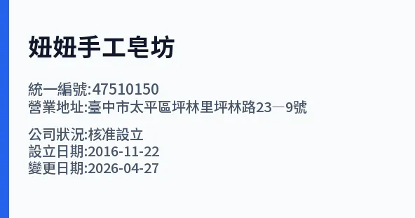 妞妞手工皂坊的照片-統編 47510150(臺中市) 公司登記資料與營業項目詳細圖表