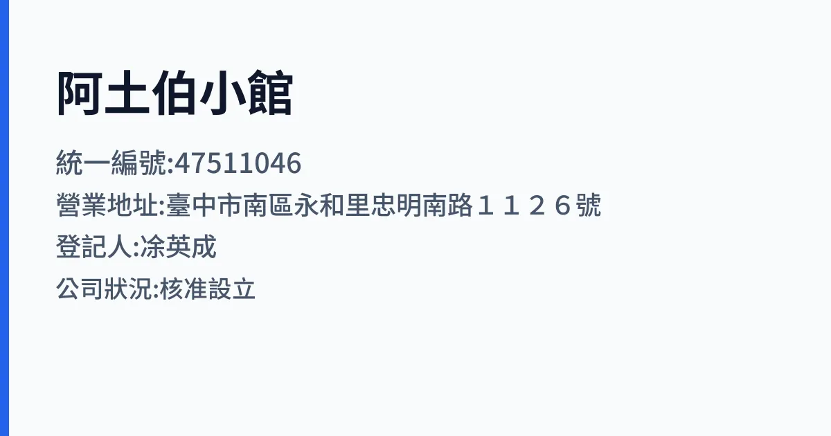 阿土伯小館 - 統編 47511046(臺中市) 公司登記資料與營業項目詳細圖表