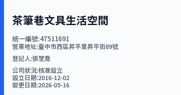 茶筆巷文具生活空間的照片-統編 47511691(臺中市) 公司登記資料與營業項目詳細圖表
