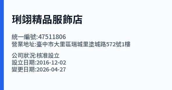 琍翊精品服飾店的照片-統編 47511806(臺中市) 公司登記資料與營業項目詳細圖表