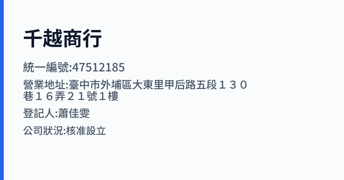 千越商行 - 統編 47512185(臺中市) 公司登記資料與營業項目詳細圖表
