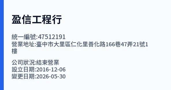 盈信工程行的照片-統編 47512191(臺中市) 公司登記資料與營業項目詳細圖表