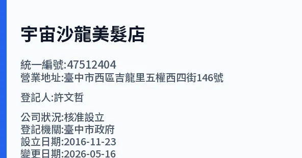 宇宙沙龍美髮店的照片-統編 47512404(臺中市) 公司登記資料與營業項目詳細圖表