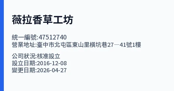 薇拉香草工坊的照片-統編 47512740(臺中市) 公司登記資料與營業項目詳細圖表