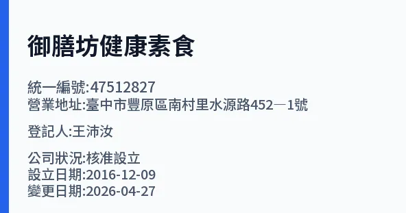 御膳坊健康素食的照片-統編 47512827(臺中市) 公司登記資料與營業項目詳細圖表