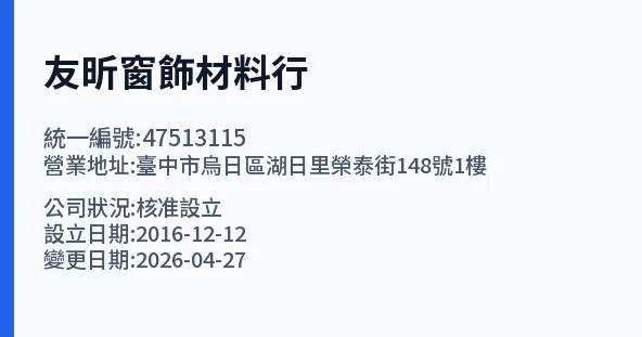 友昕窗飾材料行的照片-統編 47513115(臺中市) 公司登記資料與營業項目詳細圖表