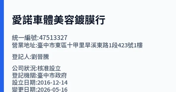 愛諾車體美容鍍膜行的照片-統編 47513327(臺中市) 公司登記資料與營業項目詳細圖表