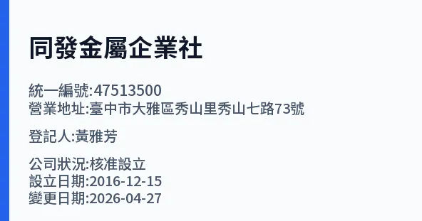 同發金屬企業社的照片-統編 47513500(臺中市) 公司登記資料與營業項目詳細圖表