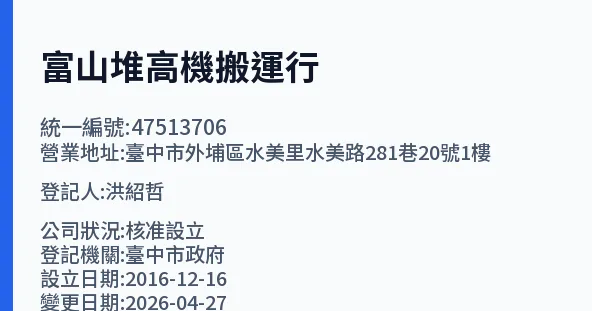 富山堆高機搬運行的照片-統編 47513706(臺中市) 公司登記資料與營業項目詳細圖表