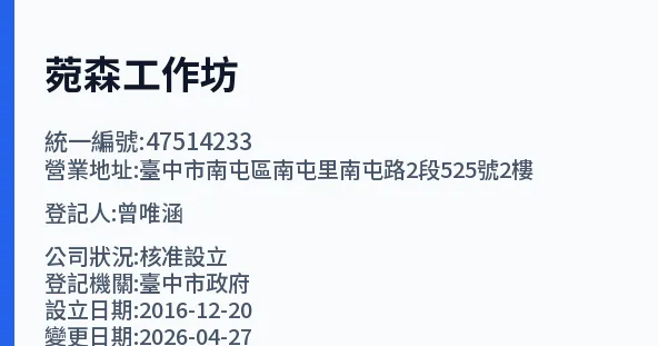 菀森工作坊的照片-統編 47514233(臺中市) 公司登記資料與營業項目詳細圖表
