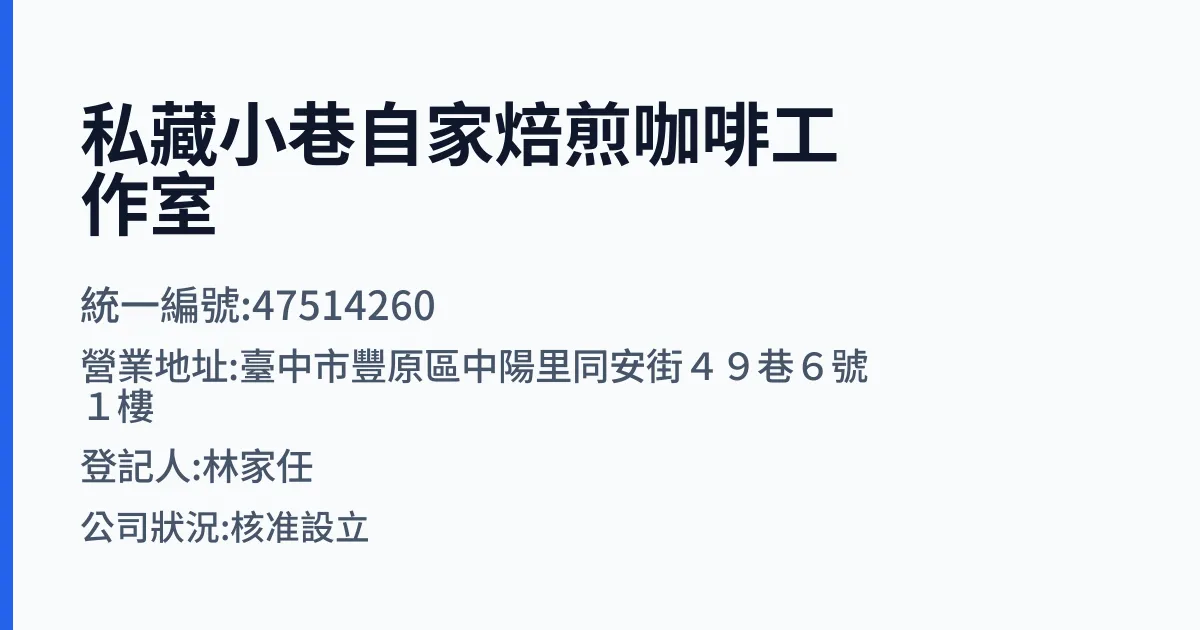 私藏小巷自家焙煎咖啡工作室 - 統編 47514260(臺中市) 公司登記資料與營業項目詳細圖表