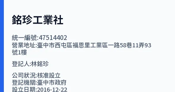 銘珍工業社的照片-統編 47514402(臺中市) 公司登記資料與營業項目詳細圖表