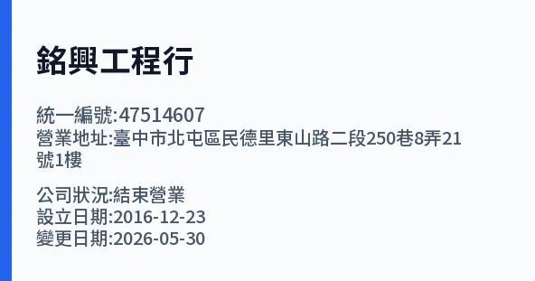 銘興工程行的照片-統編 47514607(臺中市) 公司登記資料與營業項目詳細圖表