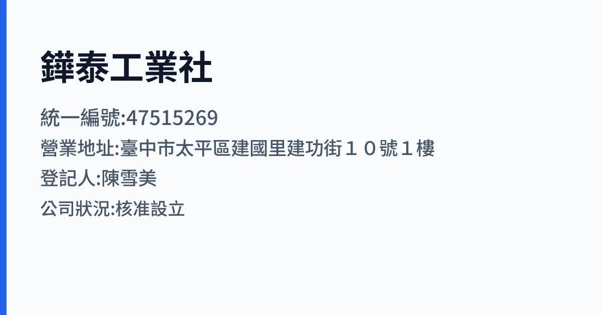 鏵泰工業社 - 統編 47515269(臺中市) 公司登記資料與營業項目詳細圖表