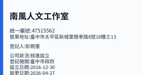 南風人文工作室的照片-統編 47515562(臺中市) 公司登記資料與營業項目詳細圖表