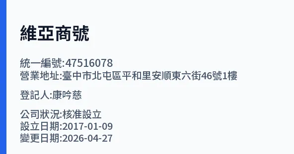 維亞商號的照片-統編 47516078(臺中市) 公司登記資料與營業項目詳細圖表