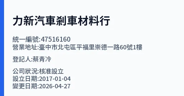 力新汽車剎車材料行的照片-統編 47516160(臺中市) 公司登記資料與營業項目詳細圖表