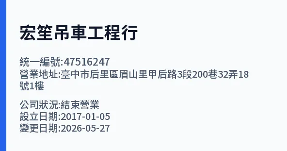 宏笙吊車工程行的照片-統編 47516247(臺中市) 公司登記資料與營業項目詳細圖表