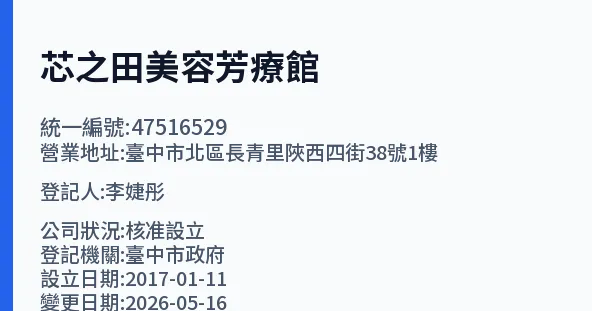 芯之田美容芳療館的照片-統編 47516529(臺中市) 公司登記資料與營業項目詳細圖表