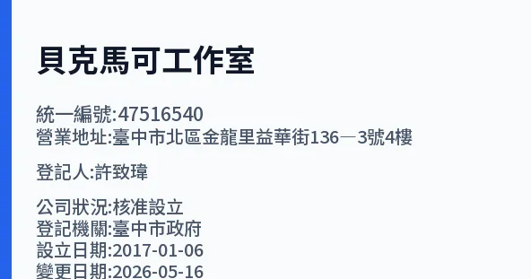 貝克馬可工作室的照片-統編 47516540(臺中市) 公司登記資料與營業項目詳細圖表