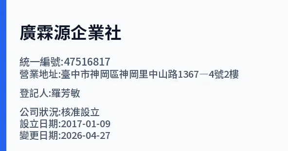 廣霖源企業社的照片-統編 47516817(臺中市) 公司登記資料與營業項目詳細圖表