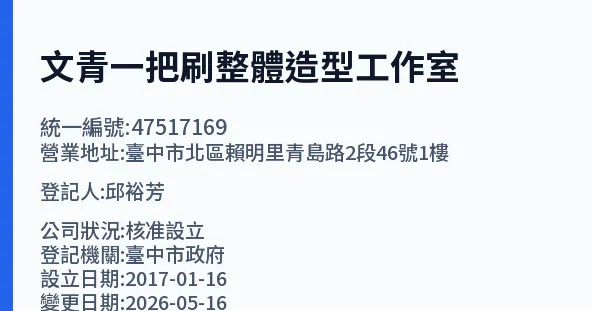 文青一把刷整體造型工作室的照片-統編 47517169(臺中市) 公司登記資料與營業項目詳細圖表