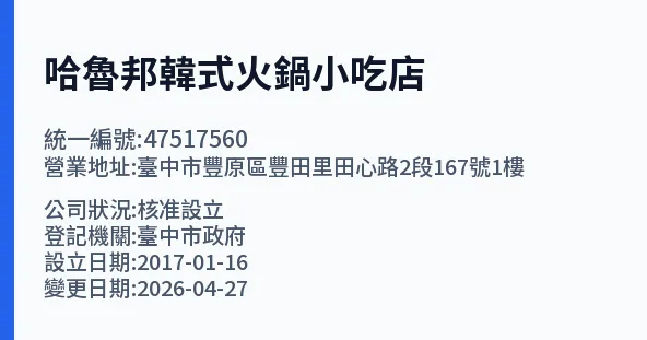 哈魯邦韓式火鍋小吃店的照片-統編 47517560(臺中市) 公司登記資料與營業項目詳細圖表