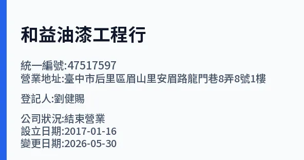 和益油漆工程行的照片-統編 47517597(臺中市) 公司登記資料與營業項目詳細圖表