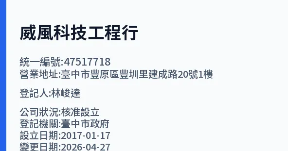 威風科技工程行的照片-統編 47517718(臺中市) 公司登記資料與營業項目詳細圖表