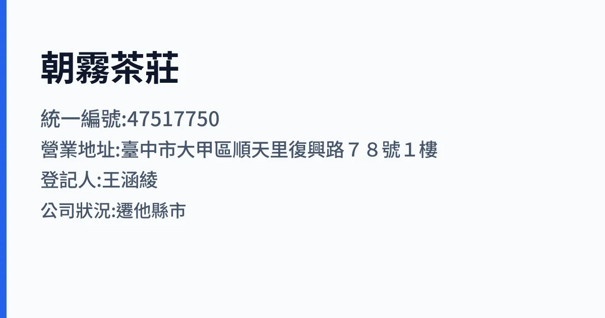 朝霧茶莊 - 統編 47517750(南投縣) 公司登記資料與營業項目詳細圖表