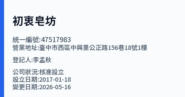 初衷皂坊的照片-統編 47517983(臺中市) 公司登記資料與營業項目詳細圖表