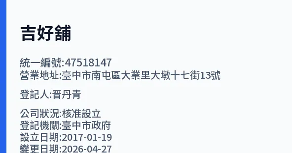 吉好舖的照片-統編 47518147(臺中市) 公司登記資料與營業項目詳細圖表