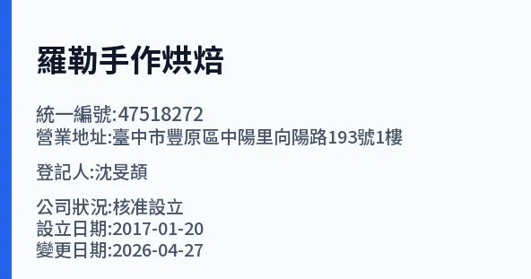 羅勒手作烘焙的照片-統編 47518272(臺中市) 公司登記資料與營業項目詳細圖表