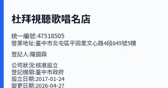杜拜視聽歌唱名店的照片-統編 47518505(臺中市) 公司登記資料與營業項目詳細圖表