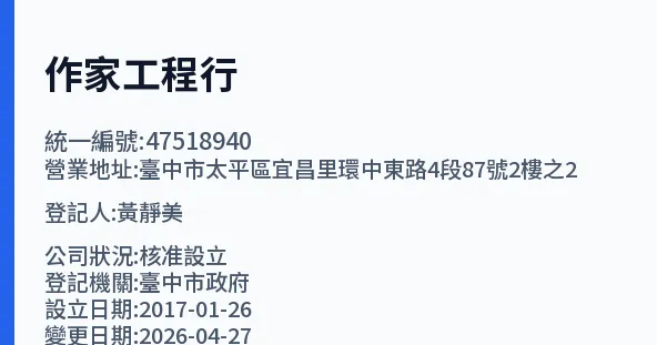 作家工程行的照片-統編 47518940(臺中市) 公司登記資料與營業項目詳細圖表
