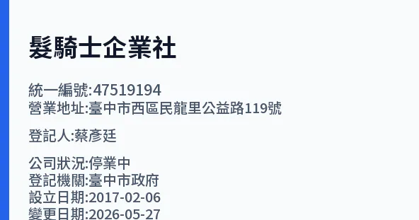 髮騎士企業社的照片-統編 47519194(臺中市) 公司登記資料與營業項目詳細圖表