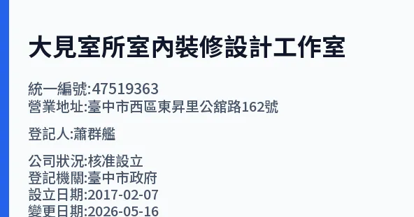 大見室所室內裝修設計工作室的照片-統編 47519363(臺中市) 公司登記資料與營業項目詳細圖表