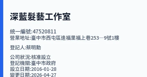 深藍髮藝工作室的照片-統編 47520811(臺中市) 公司登記資料與營業項目詳細圖表